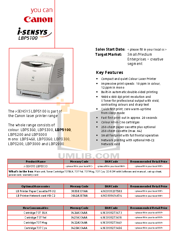 Download free pdf for Canon LBP-5100 Printer manual