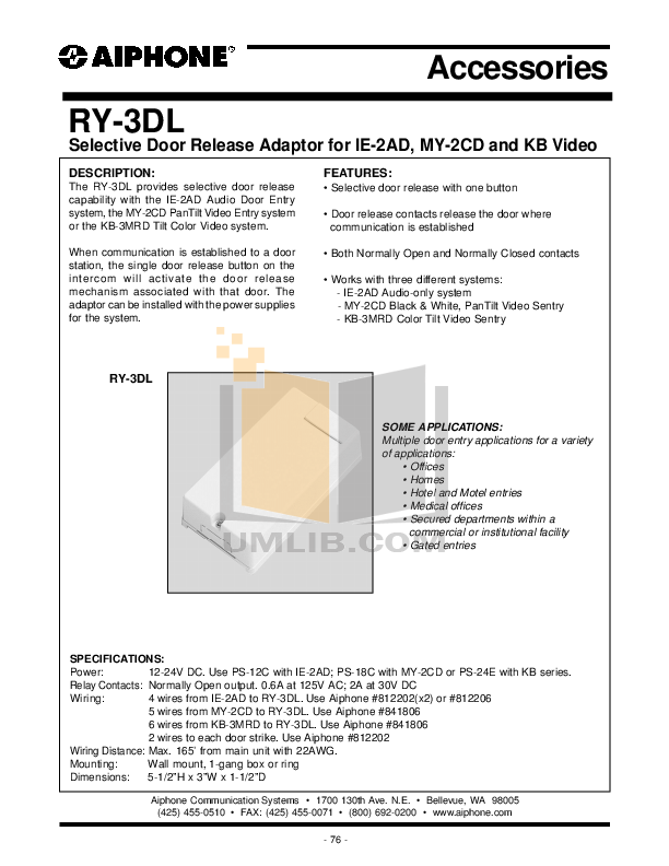 PDF manual for Aiphone Other RY-3DL Intercoms-Accessory
