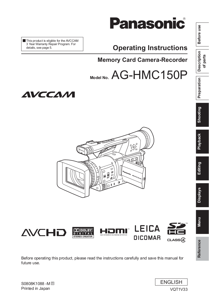 Download free pdf for Panasonic AG-HMC150 Camcorders manual