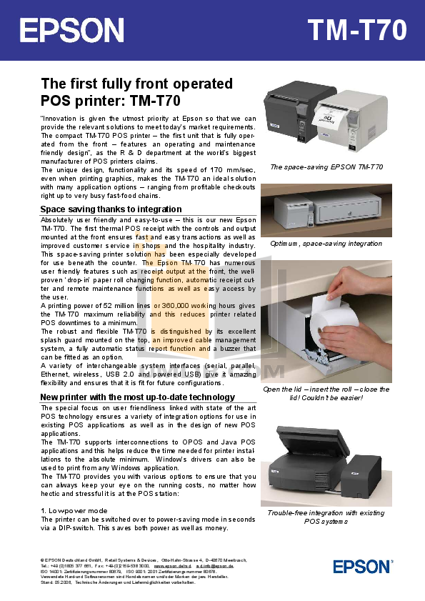 Download free pdf for Epson TM-T70 Printer manual