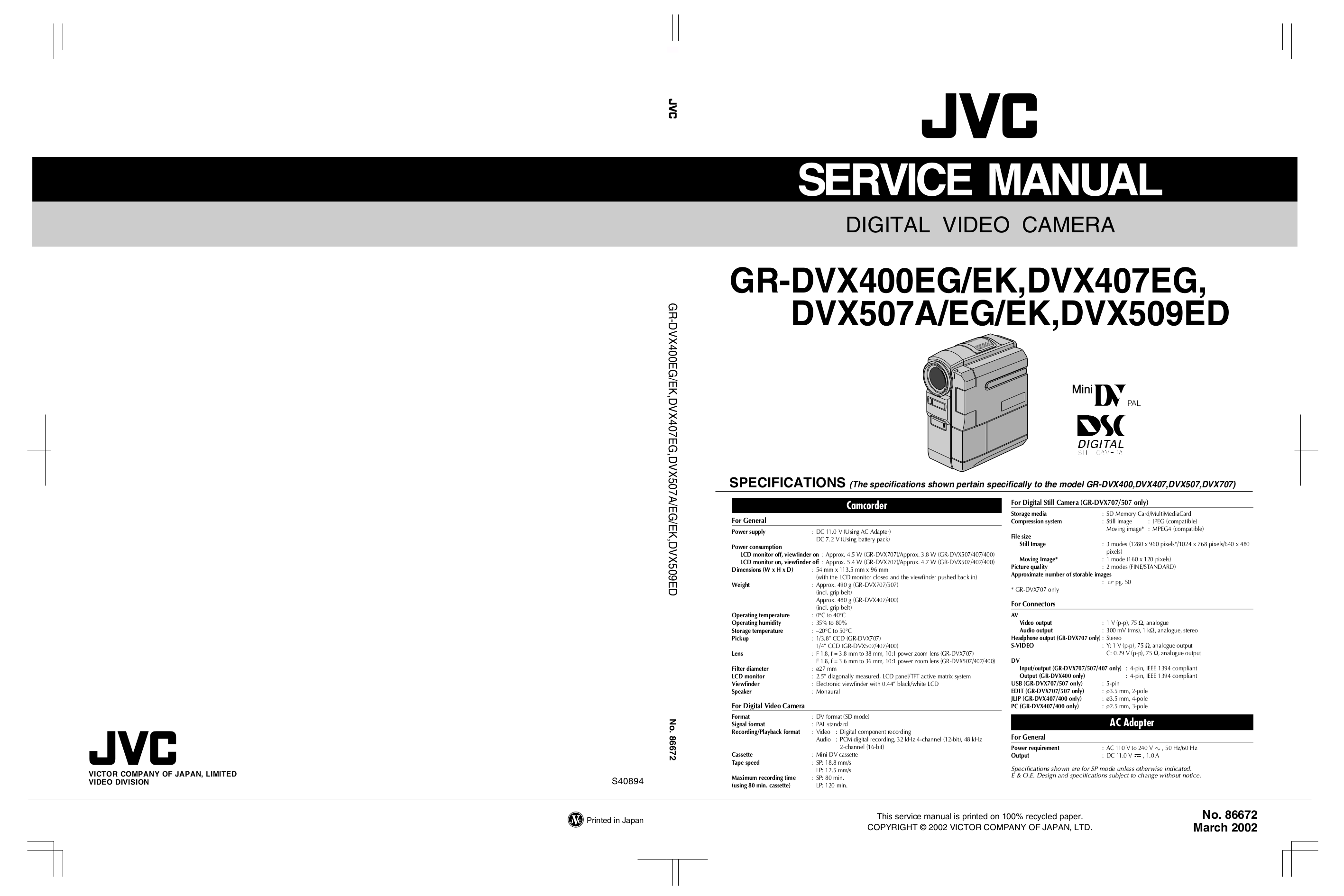Download free pdf for JVC GR-DVX407EG Camcorders manual