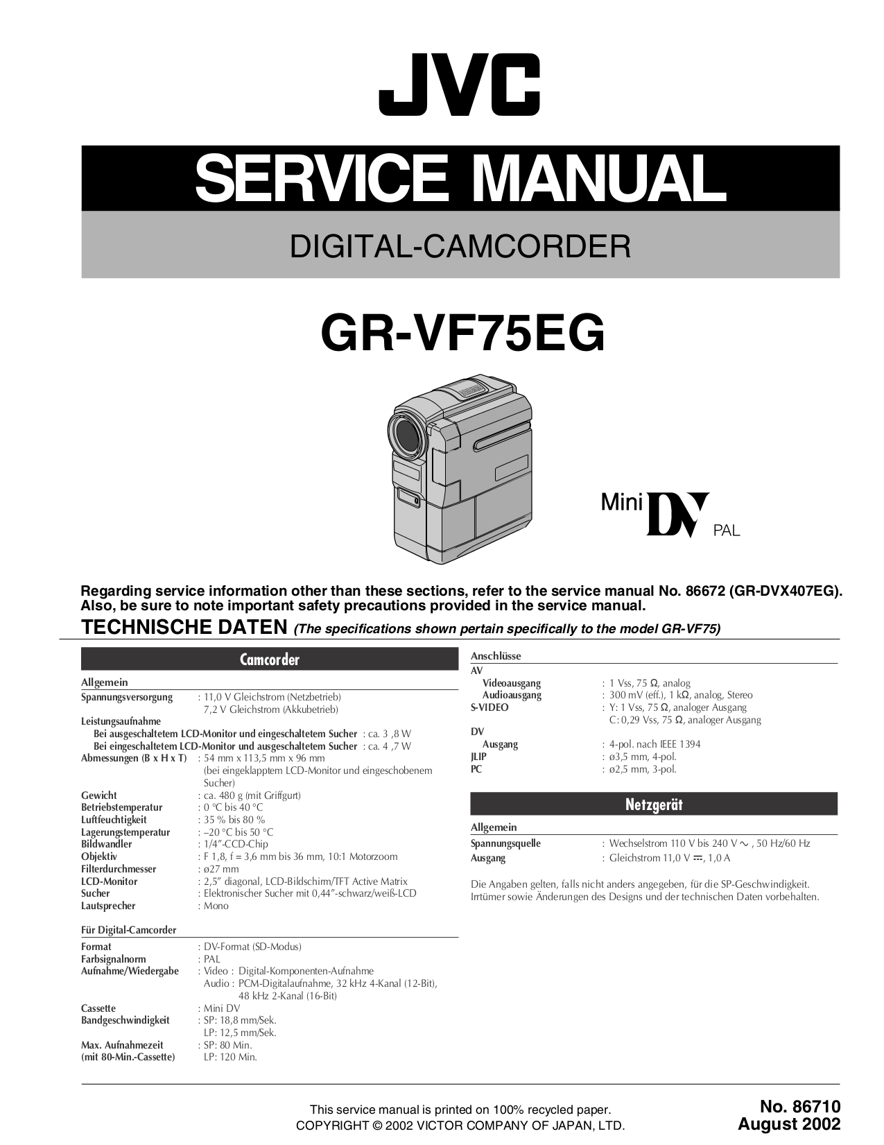 Download free pdf for JVC GR-DVX407EG Camcorders manual