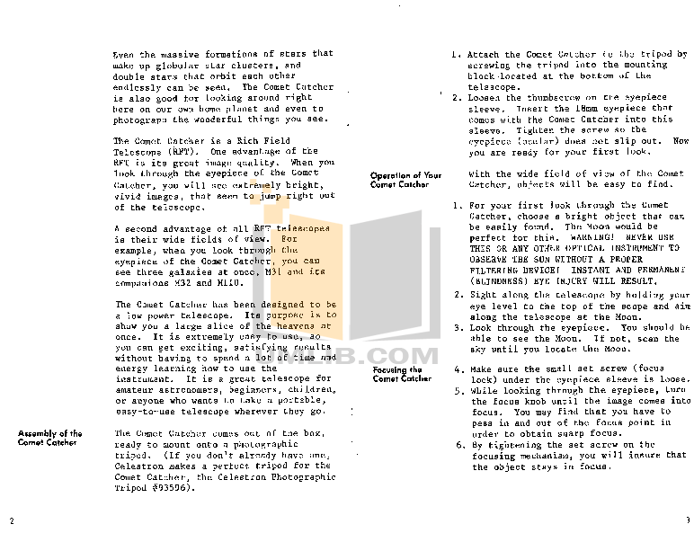 PDF manual for Celestron Telescope Comet Catcher
