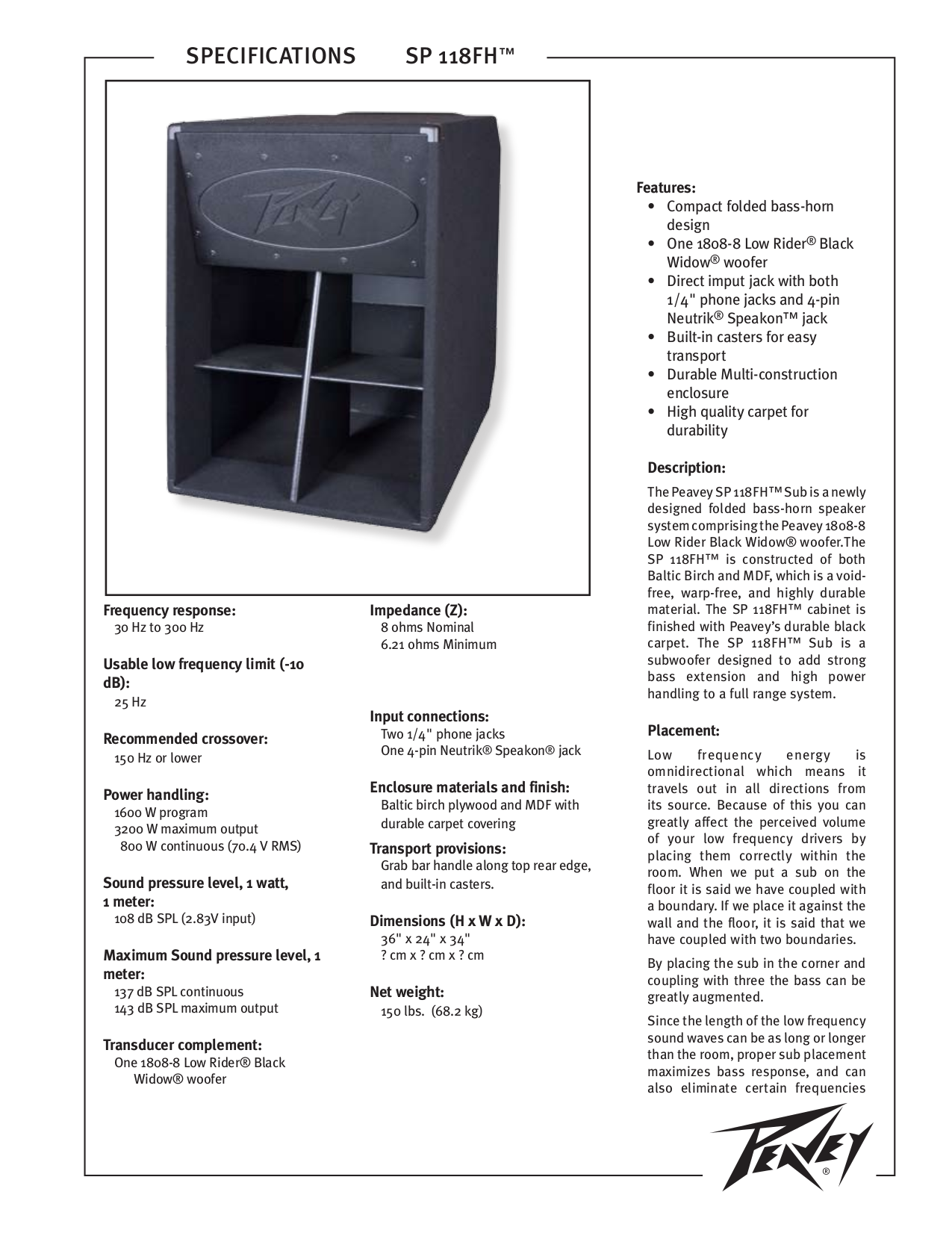 Download free pdf for Peavey SP 118 Subwoofer manual