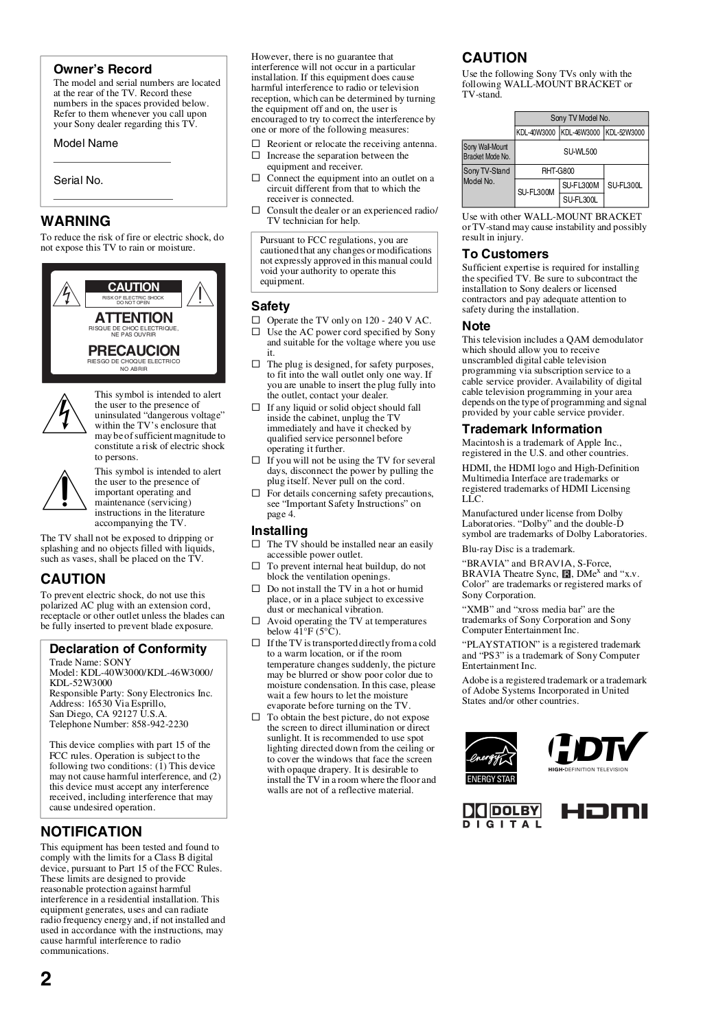 PDF manual for Sony TV BRAVIA KDL-40V3000