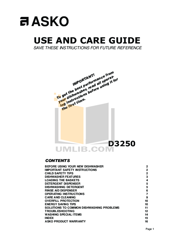 PDF manual for Asko Dishwasher D3250