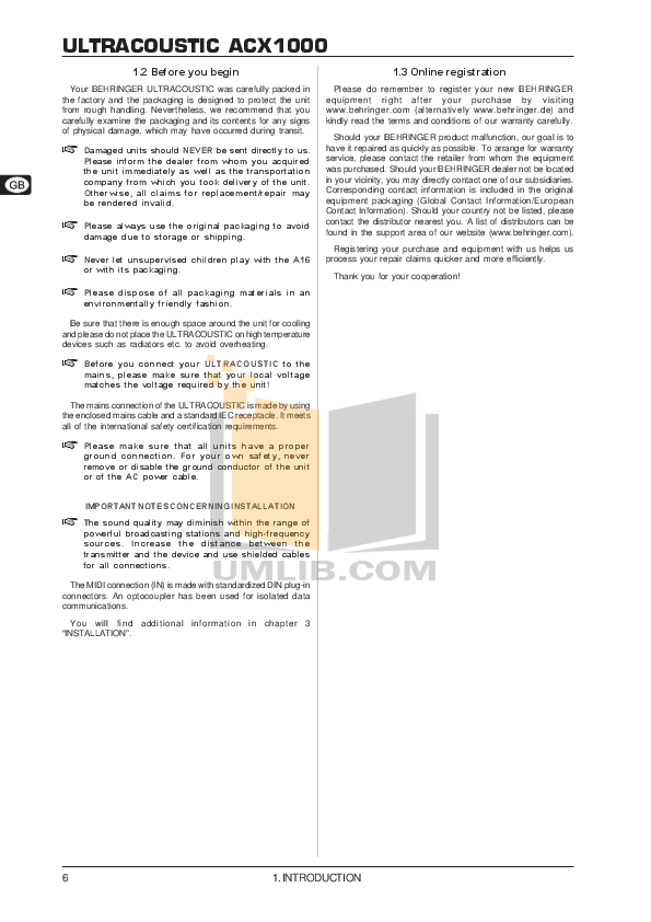 PDF manual for Behringer Amp Ultracoustic ACX1000