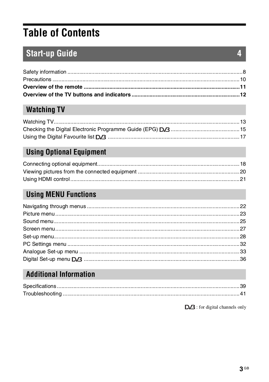 PDF manual for Sony TV BRAVIA KDL-40V3000