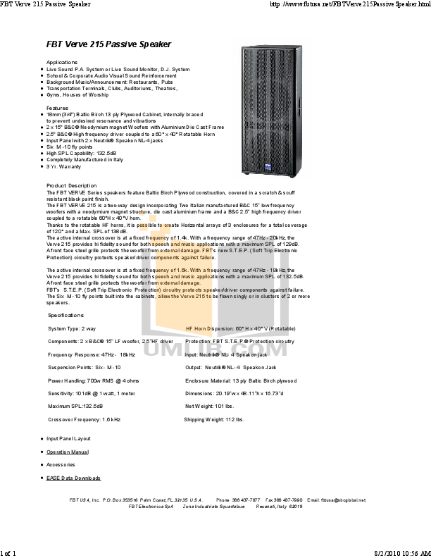 Download free pdf for Fbt Verve 215 Speaker manual