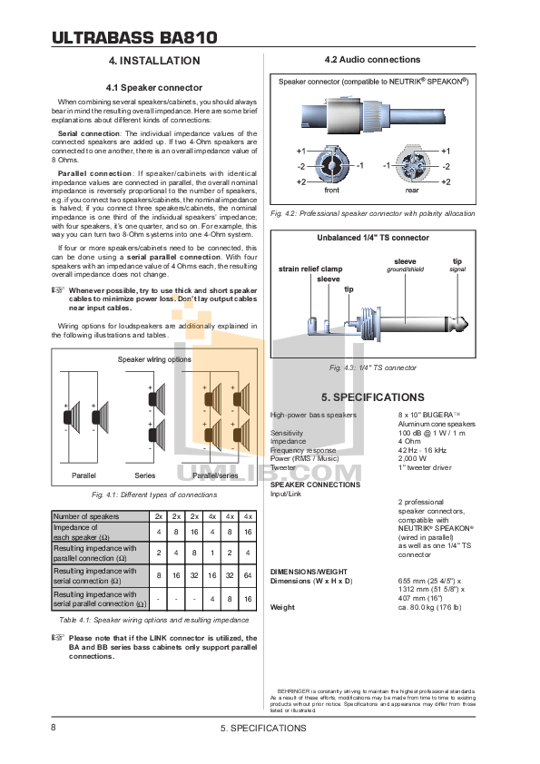 PDF manual for Behringer Other Ultrabass BA810 Bass Cabinets