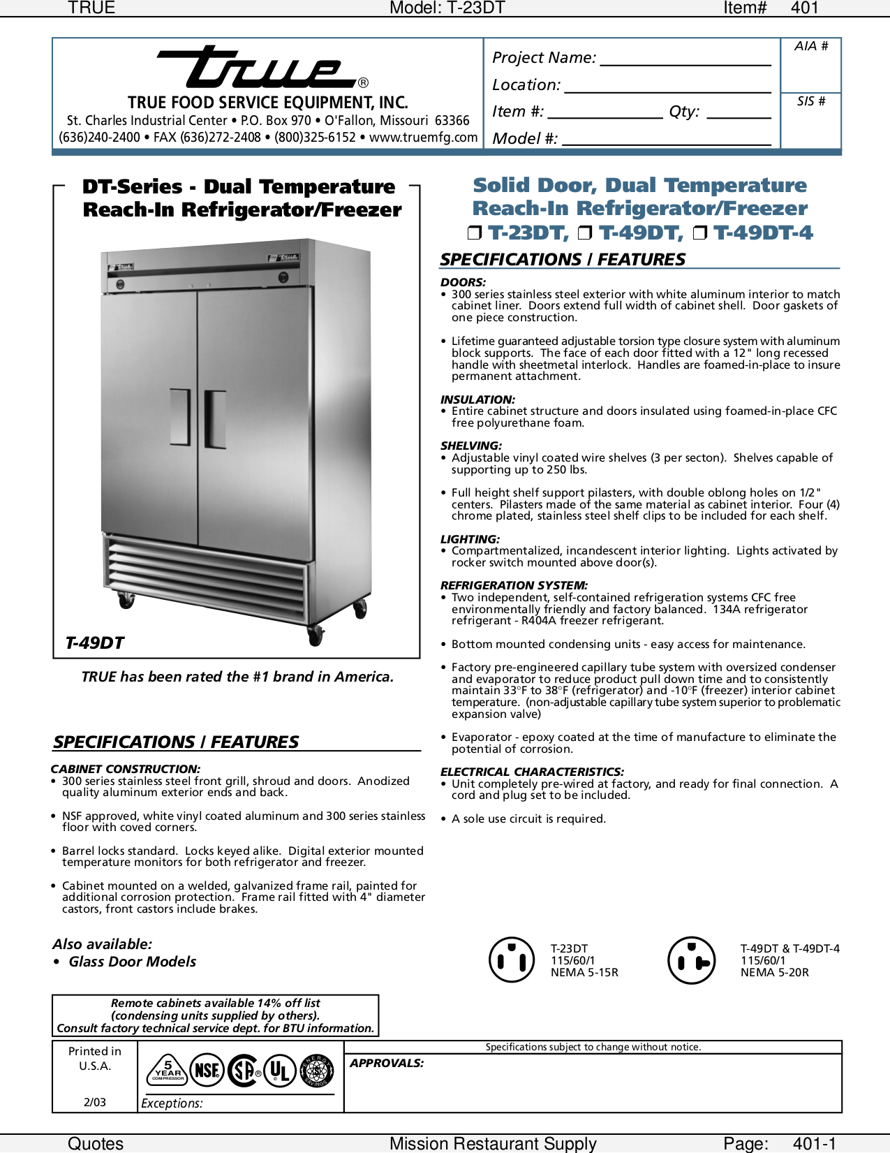 Download free pdf for True T-23DT Refrigerator manual