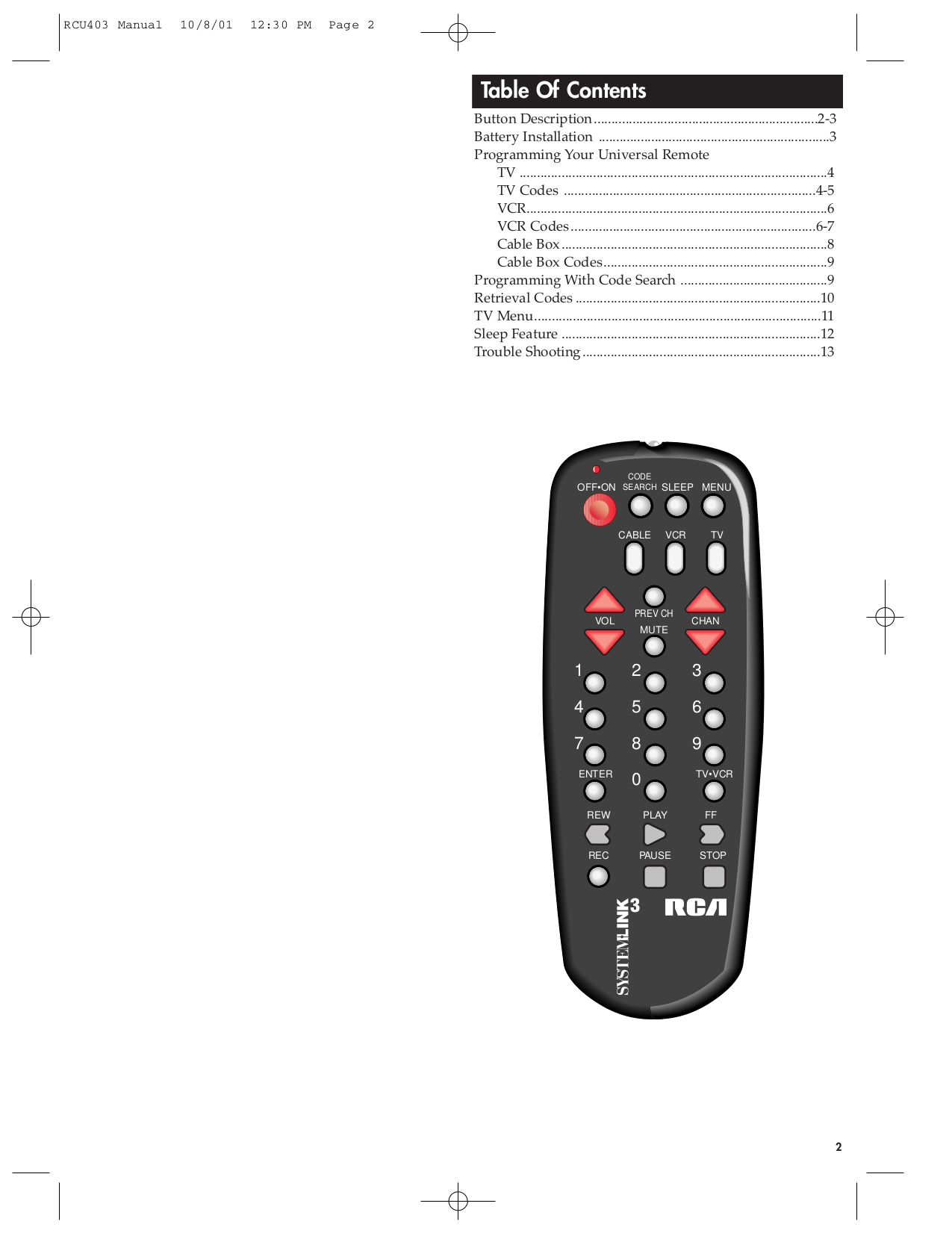 PDF manual for RCA Remote Control RCU403