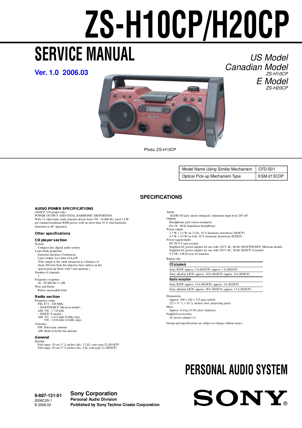 PDF manual for Sony Boombox CFD-S01